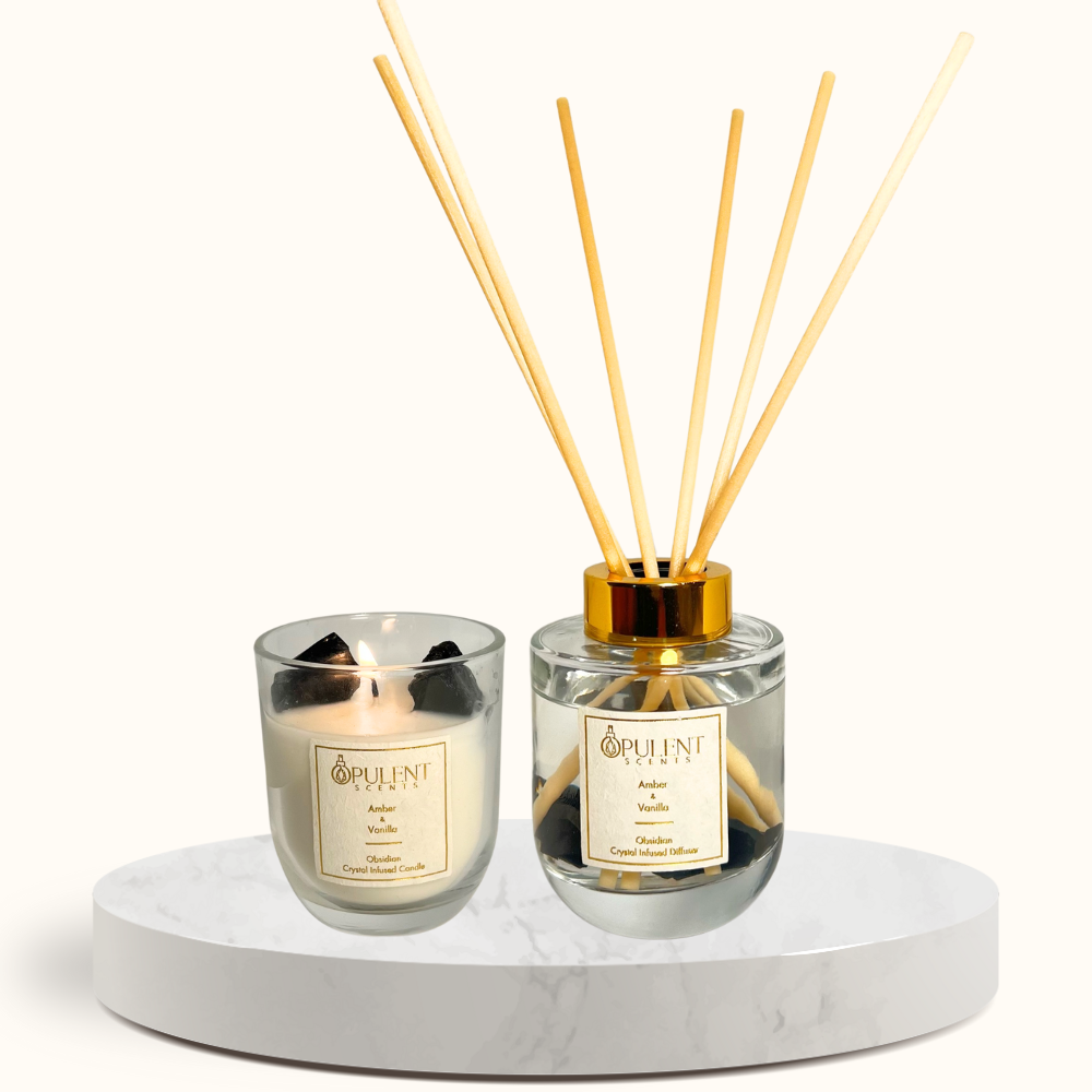 Obsidian Crystal Candle & Diffuser Set for Protection & Balance – Opulent Scents