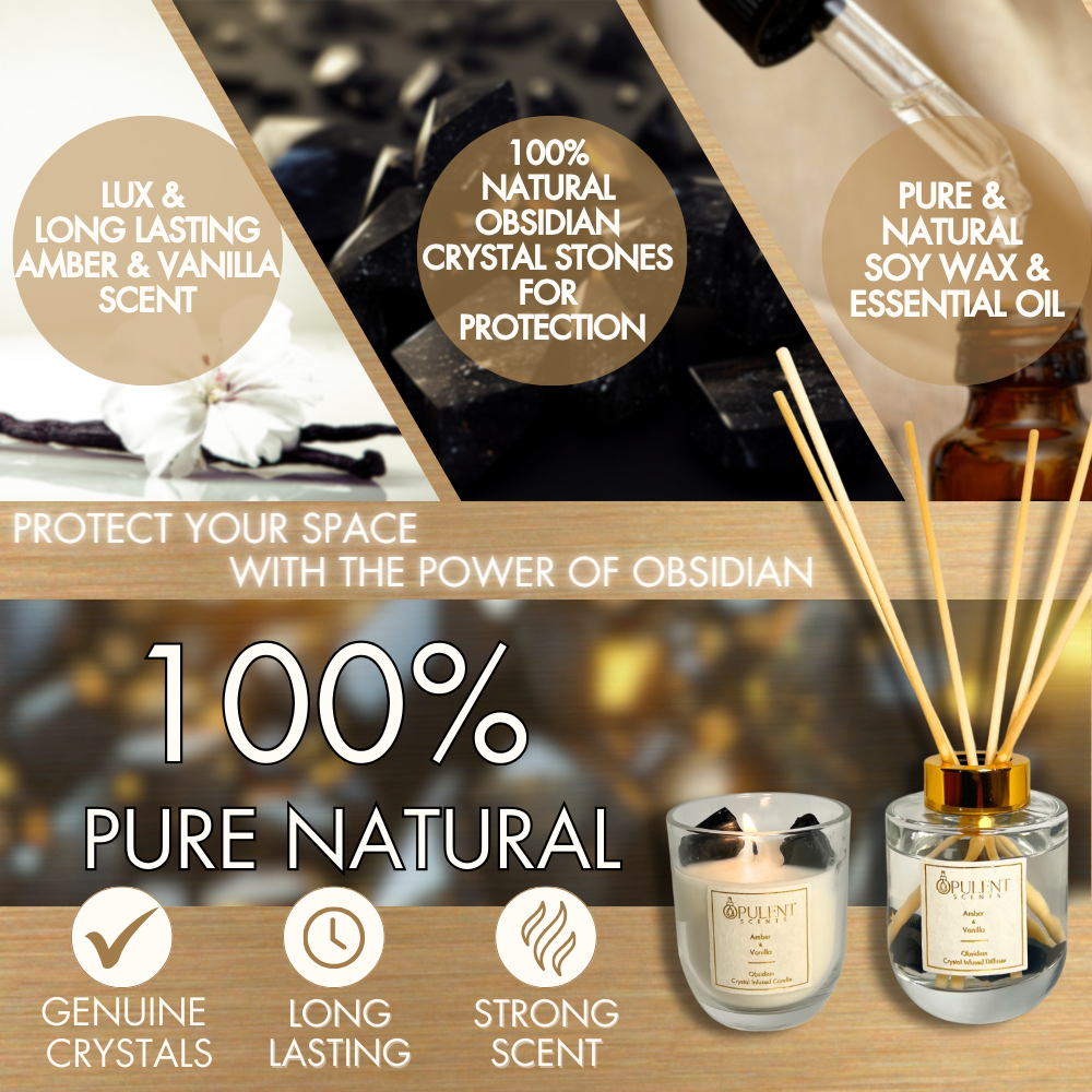Obsidian Crystal Candle & Diffuser Set for Protection & Balance – Opulent Scents