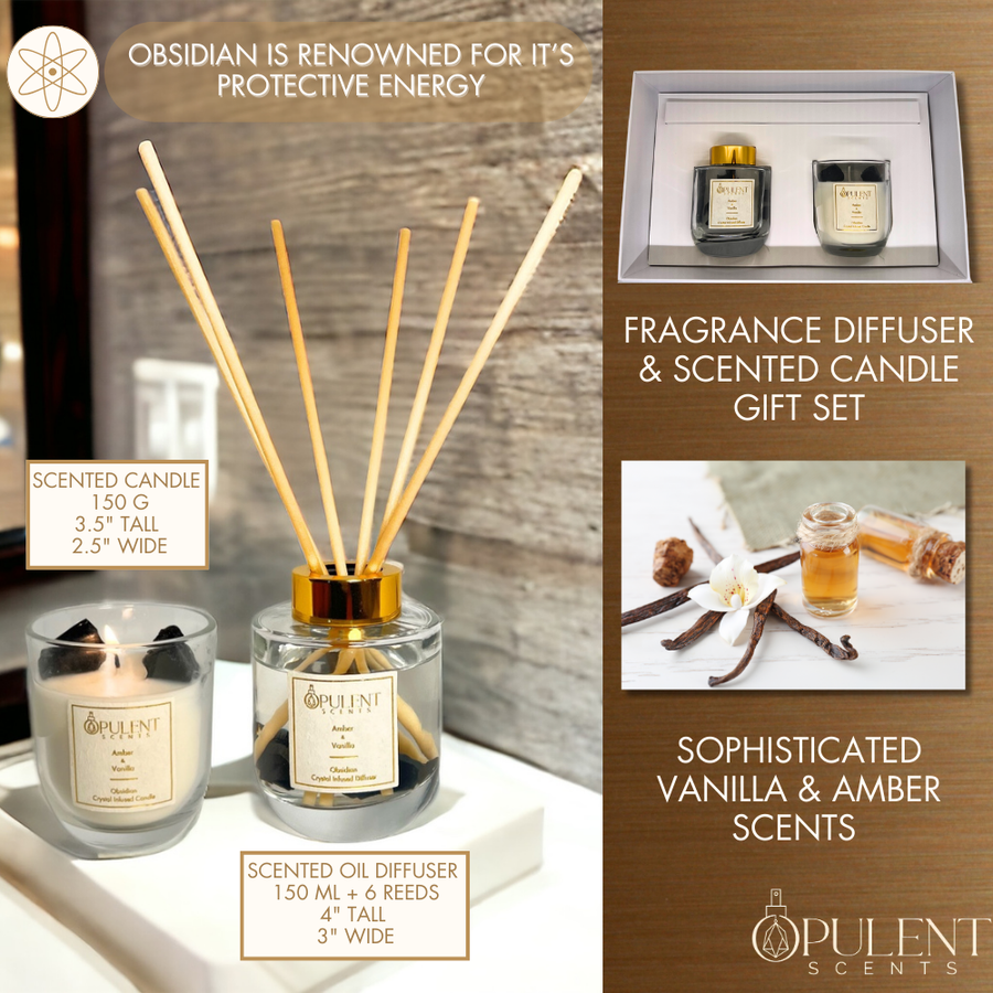 Obsidian Crystal Candle & Diffuser Set for Protection & Balance – Opulent Scents